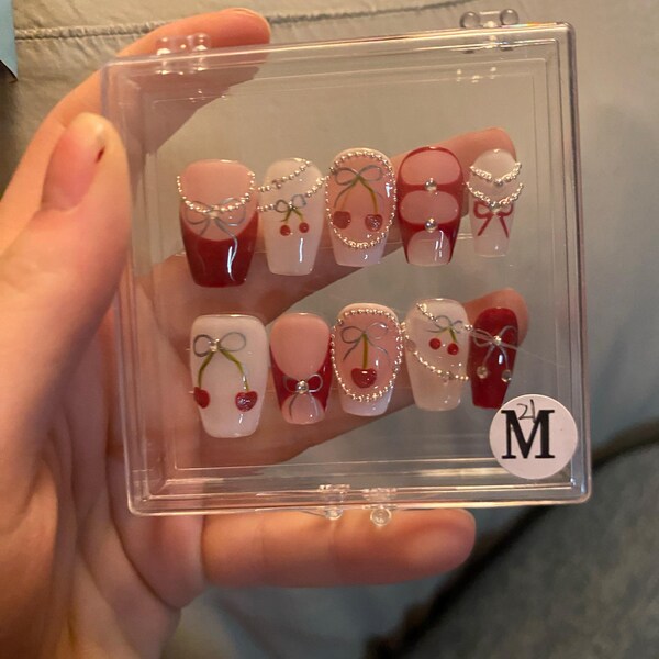 Handmade Cherry Bow Press on Nails: Custom Gel Faux Acrylic Nails - Etsy