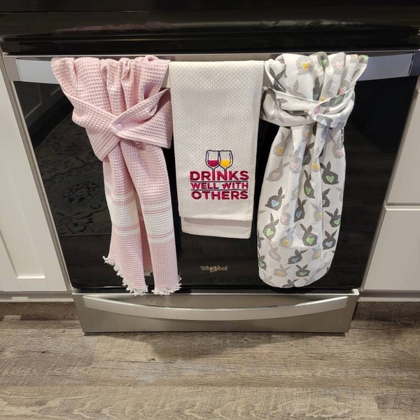 Neutral Ticking Stripe Kitchen Towels With Ruffle, Stay Put Towel, Dish ...