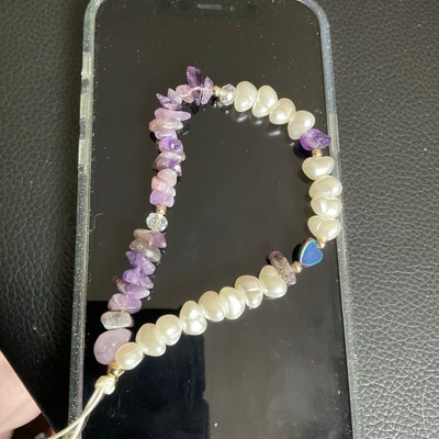 Aquamarine Phone Strap, Customizable Healing Crystal Phone Chain, Pearl ...