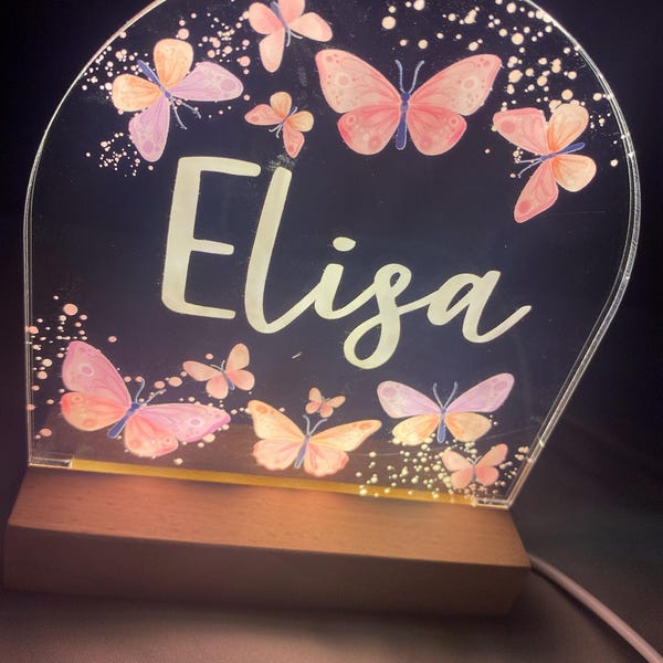 Personalised LED Nursery Lamp, Kids Night Light Gift, Butterfly Light ...
