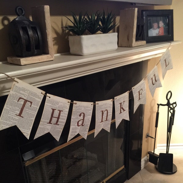 THANKFUL Homemade Book Page Banner Fall Thanksgiving Decor Decoration ...