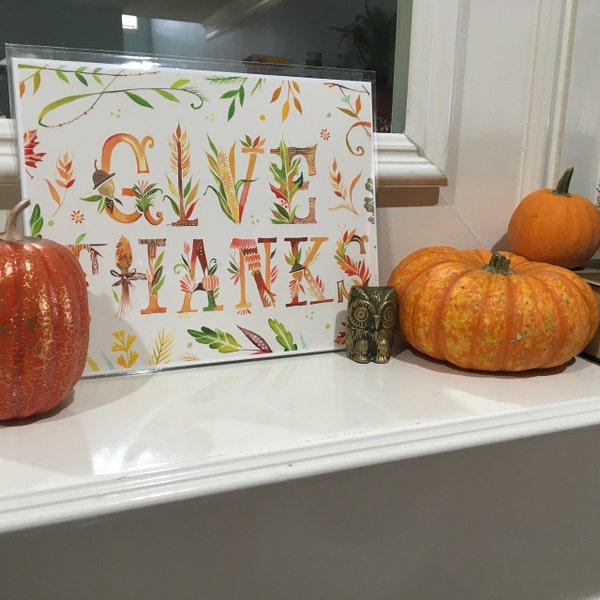 Give Thanks Art Print Thanksgiving Wall Art Watercolor Quote Hand ...