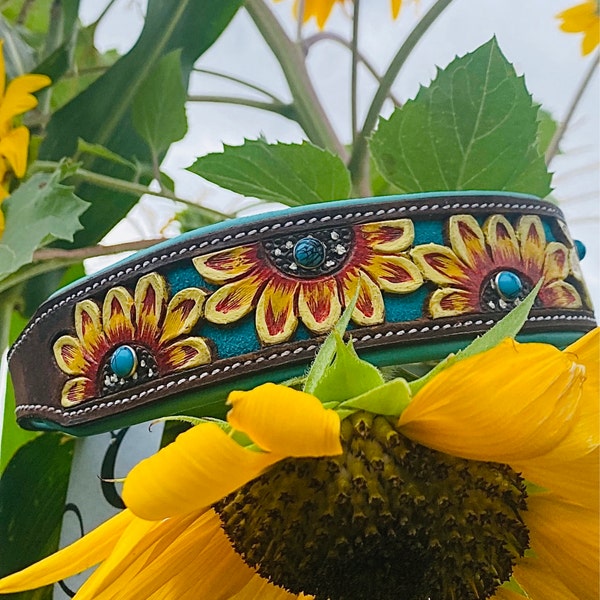 Turquoise Sunflower, Leather Dog Collar, Sunflower Collar, Bright Dog ...