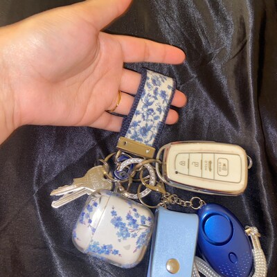 Blue Print Floral Key Fob Fabric Key Fob Navy Key Fob Blue Flower Key ...