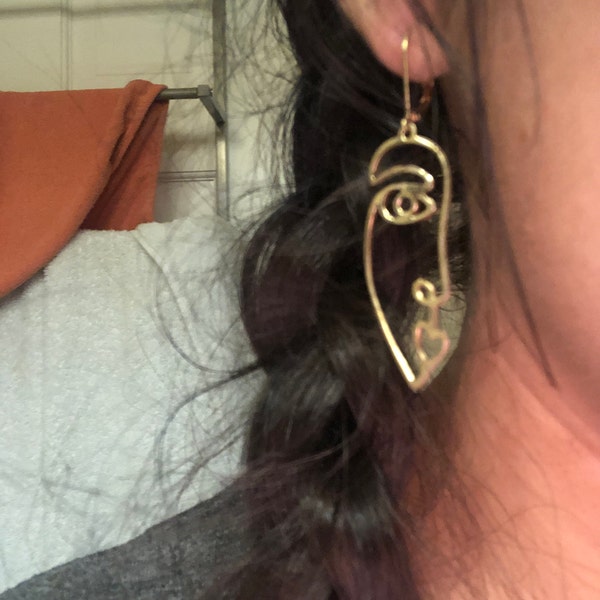 Gold Picasso Face Earrings: Brass Geometric Statement Jewelry - Etsy