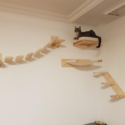 Pine Wood Cat Wall Post play Furniture Cat Shelves Includes Cat Bed ...