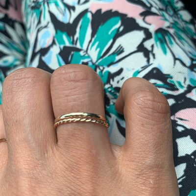 14k Minimalist Solid Gold Braided Rope and 14k Solid Gold Thin Band Ring Set, Stacking Rings ...