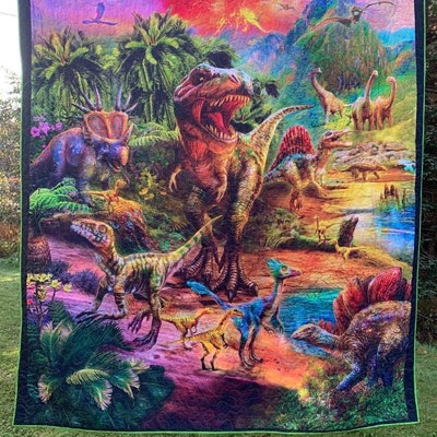 LARGE Dinosaur Panel 89x108, Dinosaur Bed Quilt Fabric, Dinosaur Queen ...