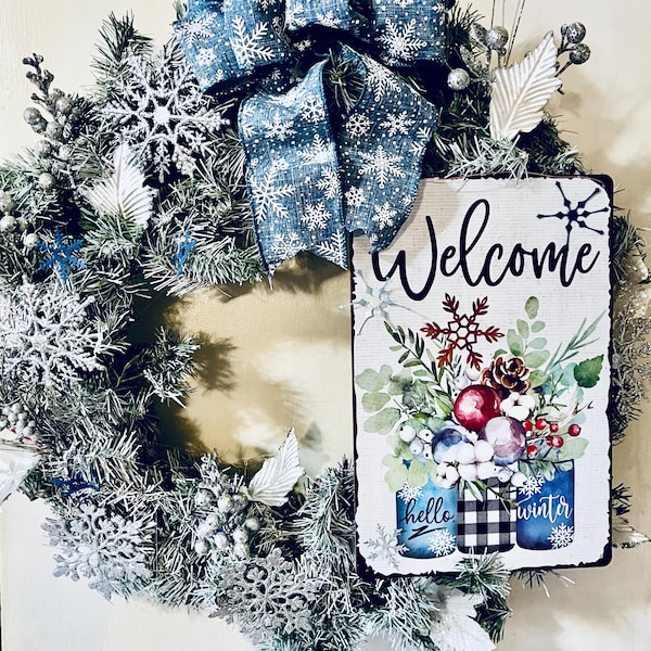 Winter Front Door Welcome Sign Winter Door Wreath Hello Winter ...
