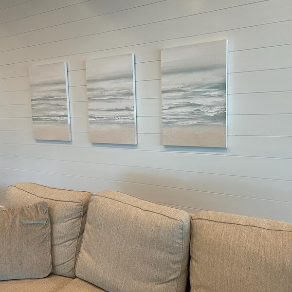 3D Framed Textured Wall Art Ocean Wave Painting on Canvas Triptych Home ...
