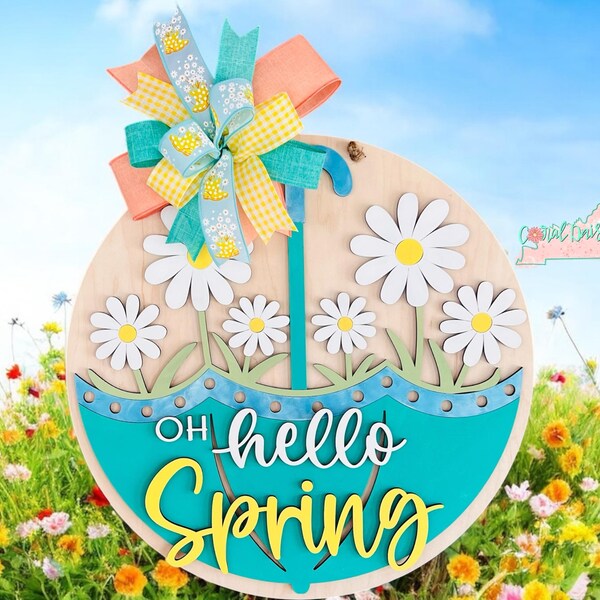Daisy Hello Spring Door Hanger Svg - Floral Umbrella Welcome Sign Svg ...