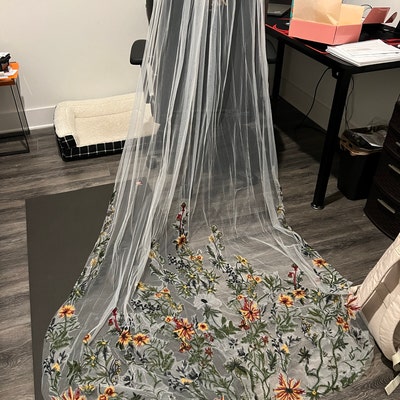 Lavender Floral Embroidery Bridal Veil, Lavender Wedding, Unique ...