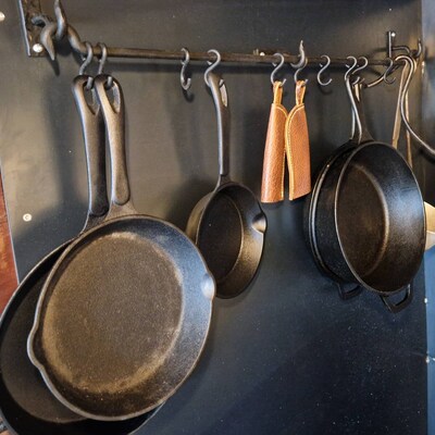 Handcrafted Blacksmith Forged Pan Rack With Sliding Hooks Rustic ...