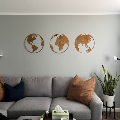 Set of 3 Maps, Wooden World Map, Wood World Map, Round Wold Map Wall ...