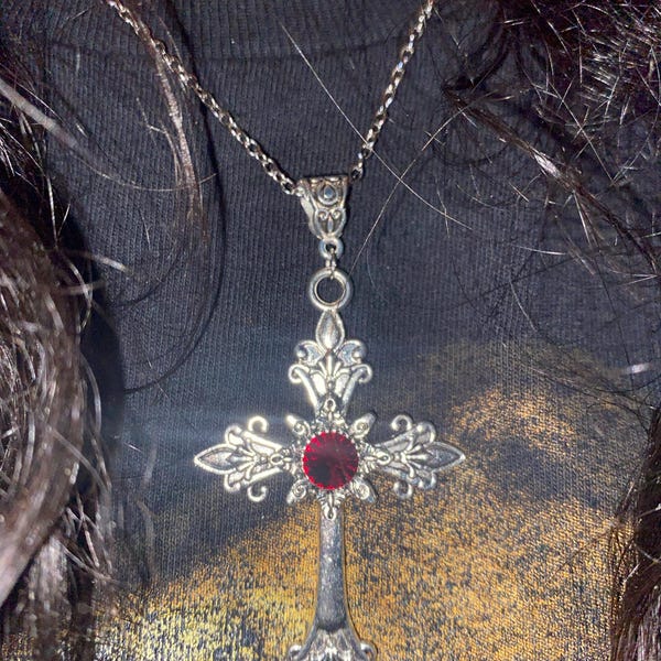 Dark Ruby Red Antiqued Silver Cross Crucifix Gothic Victorian Vampire ...