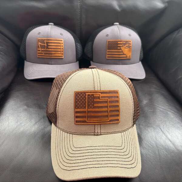 Custom American Flag State Leather Patch Trucker Hat : Men's and Women ...