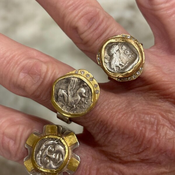 Ancient Greek Coin Ring, 18 Kt Solid Gold and Sapphire Statement Ring ...