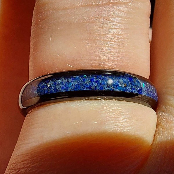 Celestial Blue Lapis Lazuli Ring, 4mm Black Tungsten Ring, Men Women ...