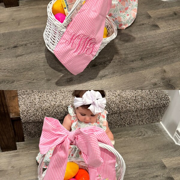 Monogrammed Easter Basket Bow, Personalized Easter Basket Sash, Embroidered Bunny Basket Gingham ...