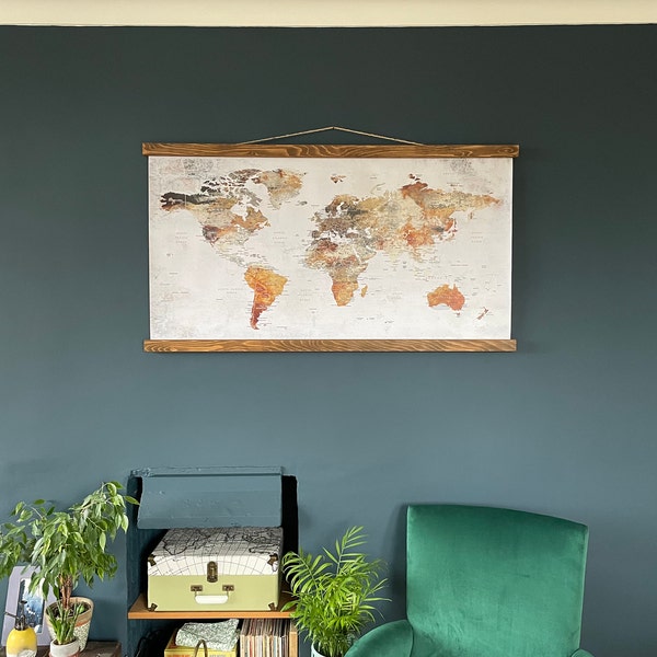 Hanging World Map Canvas, Rustic Frame Home Decor, Earth Colors World ...