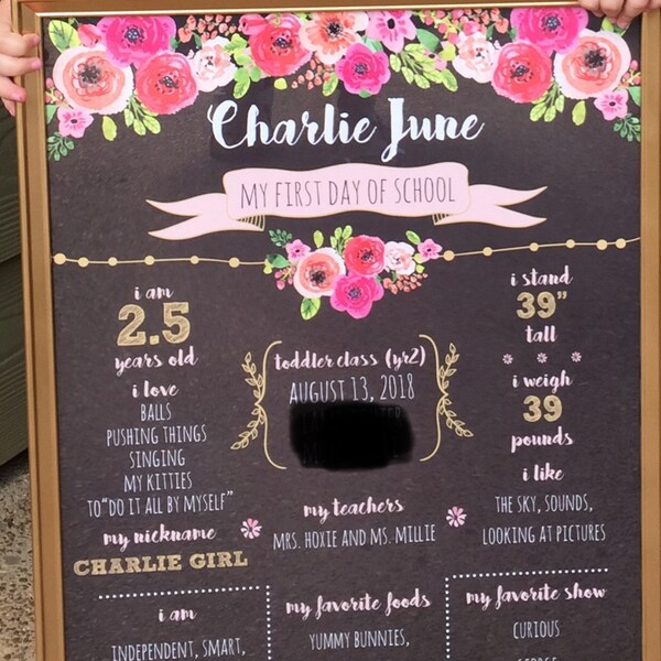 First Day of Kindergarten Sign, First Day of School Sign, Girls Floral ...
