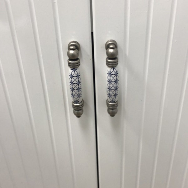 Antique Silver Pulls 96 128 3.75" 5" Vintage Matching Porcelain Drawer Pulls Cupboard Pulls ...