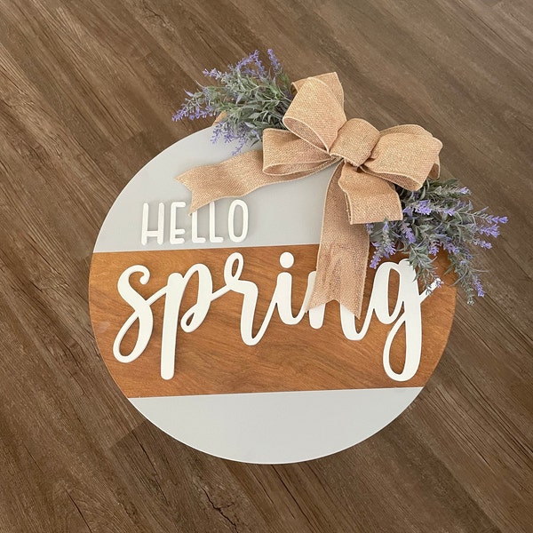Front Door Decor | Hello Spring | Round Wood Sign | Front Door Wreath ...