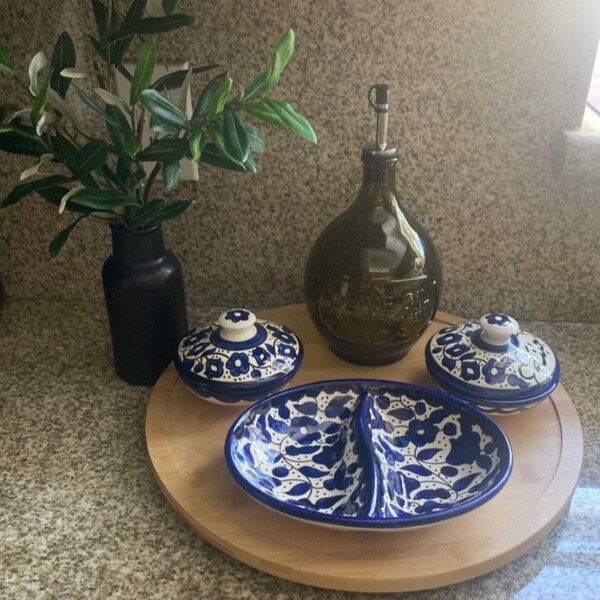 Palestinian Pottery Breakfast Set Blue Jibneh & Labaneh Bowls and Oval ...