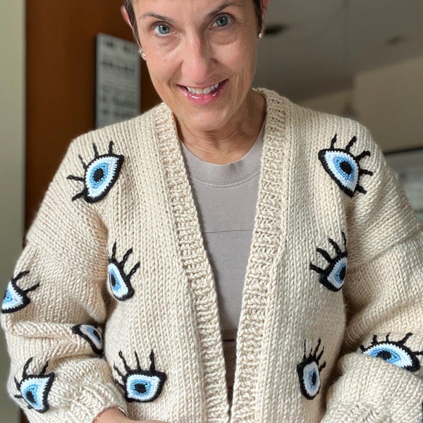 Evil Eye Bead Cardigan | Chunky Knit Nazar Jacket | Knitted 3D Turkish ...