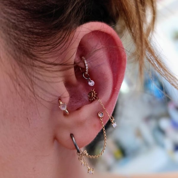 14K Solid Gold Natural Opal Sun Shape Stud/half Sun Cartilage Helix ...