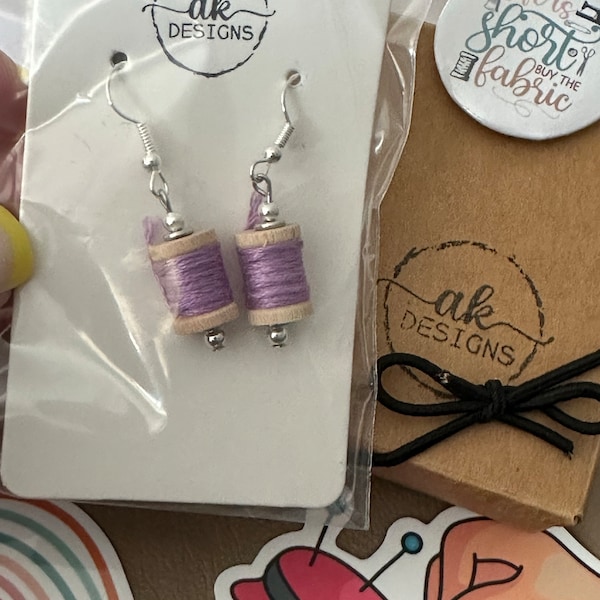 Handmade Tiny Spool of Thread, Sewing Theme Wood Dangle Earrings ...