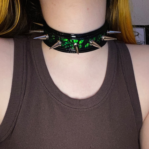 Crisis Holographic Vinyl & Fishnet Spiked Choker, Choose Color, Silver ...