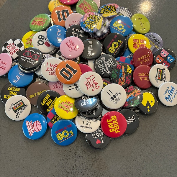 Everything 80's Buttons (40 Pack) Party Favors, 80s Pins, 1" or 1.5" or ...