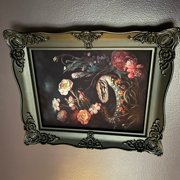 Snake Oil Painting | Floral Snake Print, Serpentine, Dark Academia Decor, Gothic Antique Flower ...