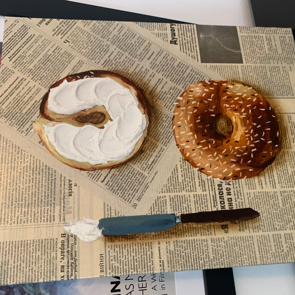 Bagel Painting Impasto Painting Original Acrylic Paining Newspaper Art ...