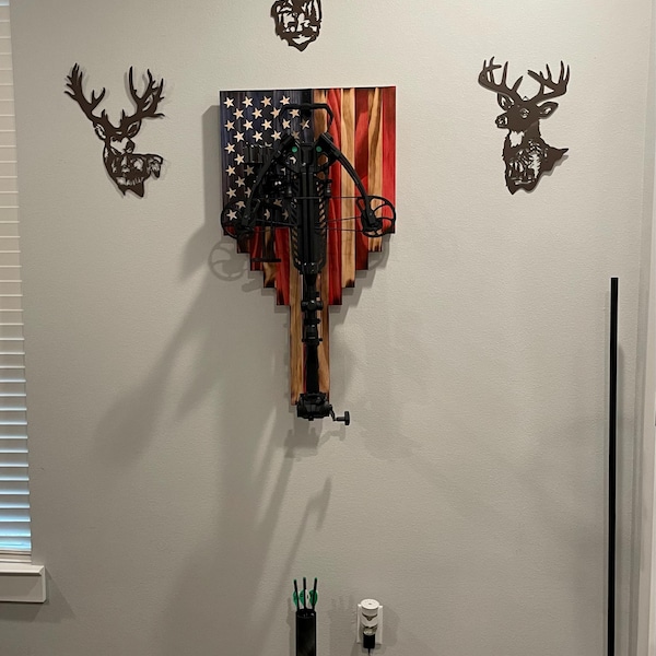 Rustic American Flag Gun Rack. Compound Bow Rack With Military Logo ...