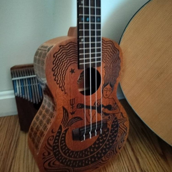 Alkemi Concert Ukulele 23" Etched Mermaid All Mahogany With Quality ...