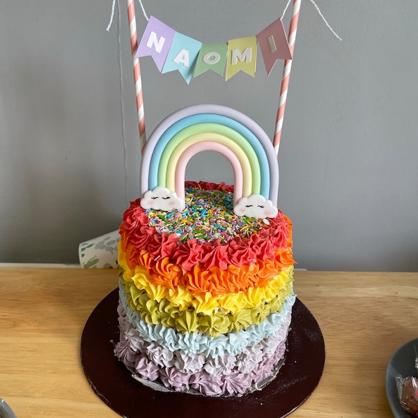 Edible Rainbow Cake Topper Decoration With Personalised Cake Bunting ...