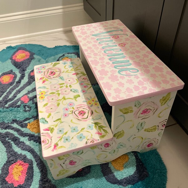Silver Grey Roses and Stripes Step Stool for Girls, Nursery ...