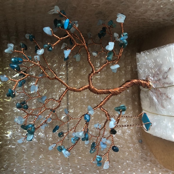 Aquamarine & Apatite Stone Tree With Swing, 19th Anniversary Gift for ...