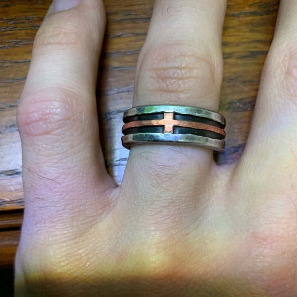 Mens Cross Wedding Band, Handmade Rustic Oxidized Fine Silver, Sterling ...