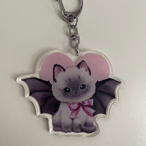 Creepy Cute Keychain Bat Cat | Retro Kitsch Oddity Art on Acrylic Charm ...