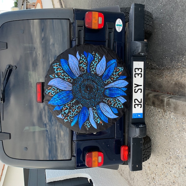 Spare Tire Cover With Blue and Cheetah Sunflower Design, Blue Sunflower ...