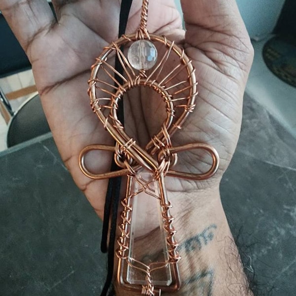 Crystal Quartz Copper Ankh Pendant, Wire Wrapped Egyptian Cross ...
