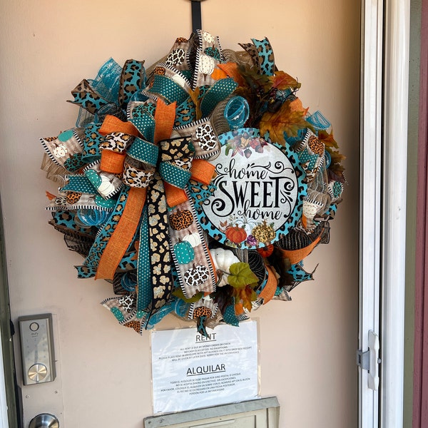 Fall Wreath: Cheetah, Turquoise, and Orange Pumpkin Decor - Etsy