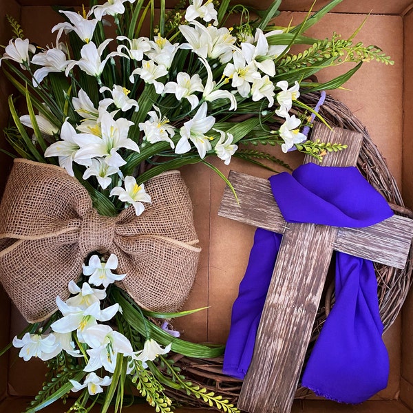 Easter Wreath With Cross - He is Risen Easter Wreath- Rustic Grapevine Easter Wreath -easter ...