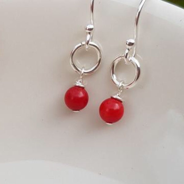 Tiny Red Coral Earrings Sterling Silver Stud Small Coral Drop Earrings ...