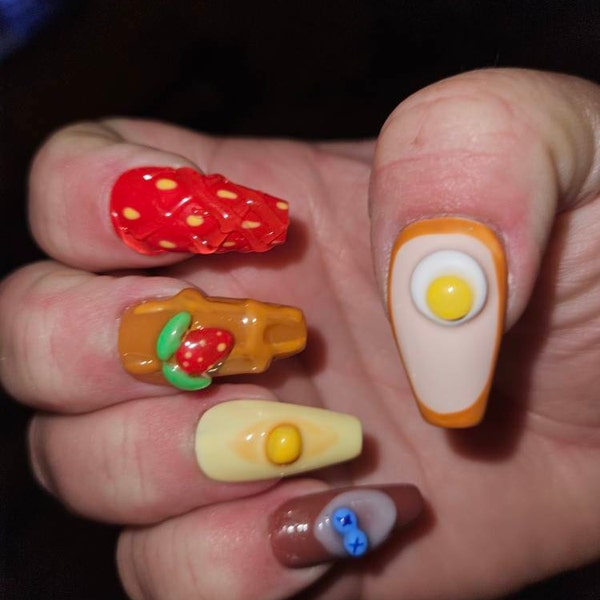 Custom 3D Breakfast Press on Nails, Summer Time Nails, Food Nails, 3D ...