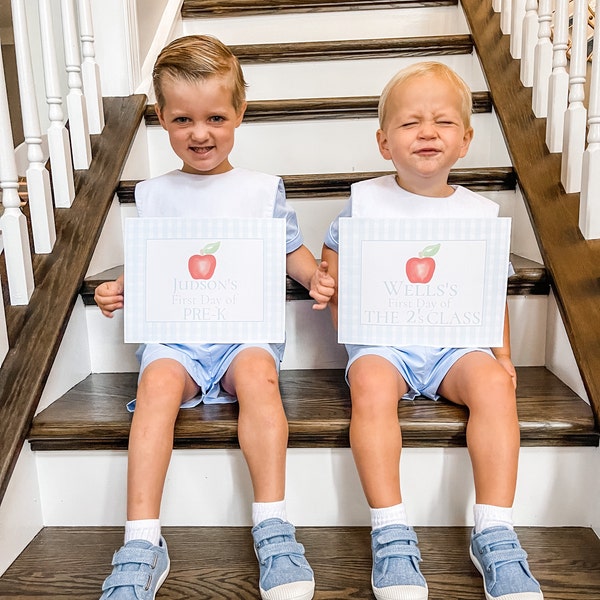 Blue Gingham First Day of School Sign | Watercolor First Day of School ...