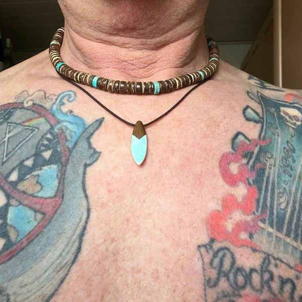 Surfer Mens Choker Necklace - Coconut Shell and Turquoise Boho Choker ...